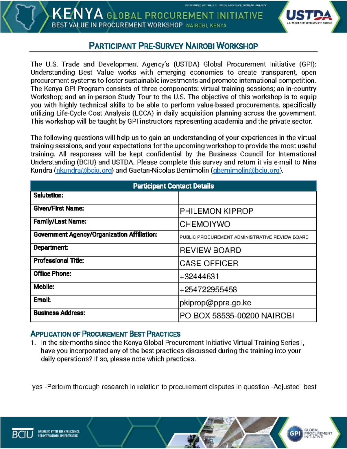Kenya GPI Workshop Participant Pre-Survey - PARTICIPANT PRE-SURVEY ...