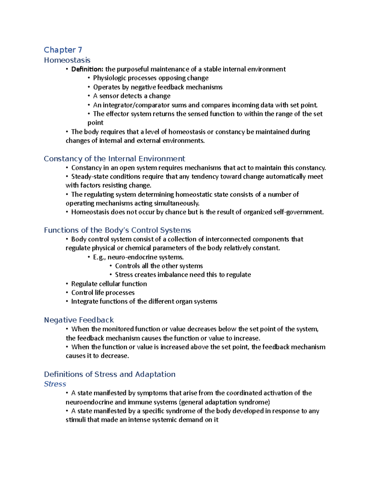 Ch 7 SG-2 - Chapter 7 lecture notes - Chapter 7 Homeostasis ...
