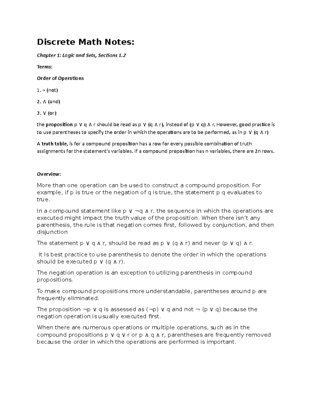 Discrete Math Notes Section 1 Discrete Math Notes Chapter 1 Logic And Sets Sections 1 