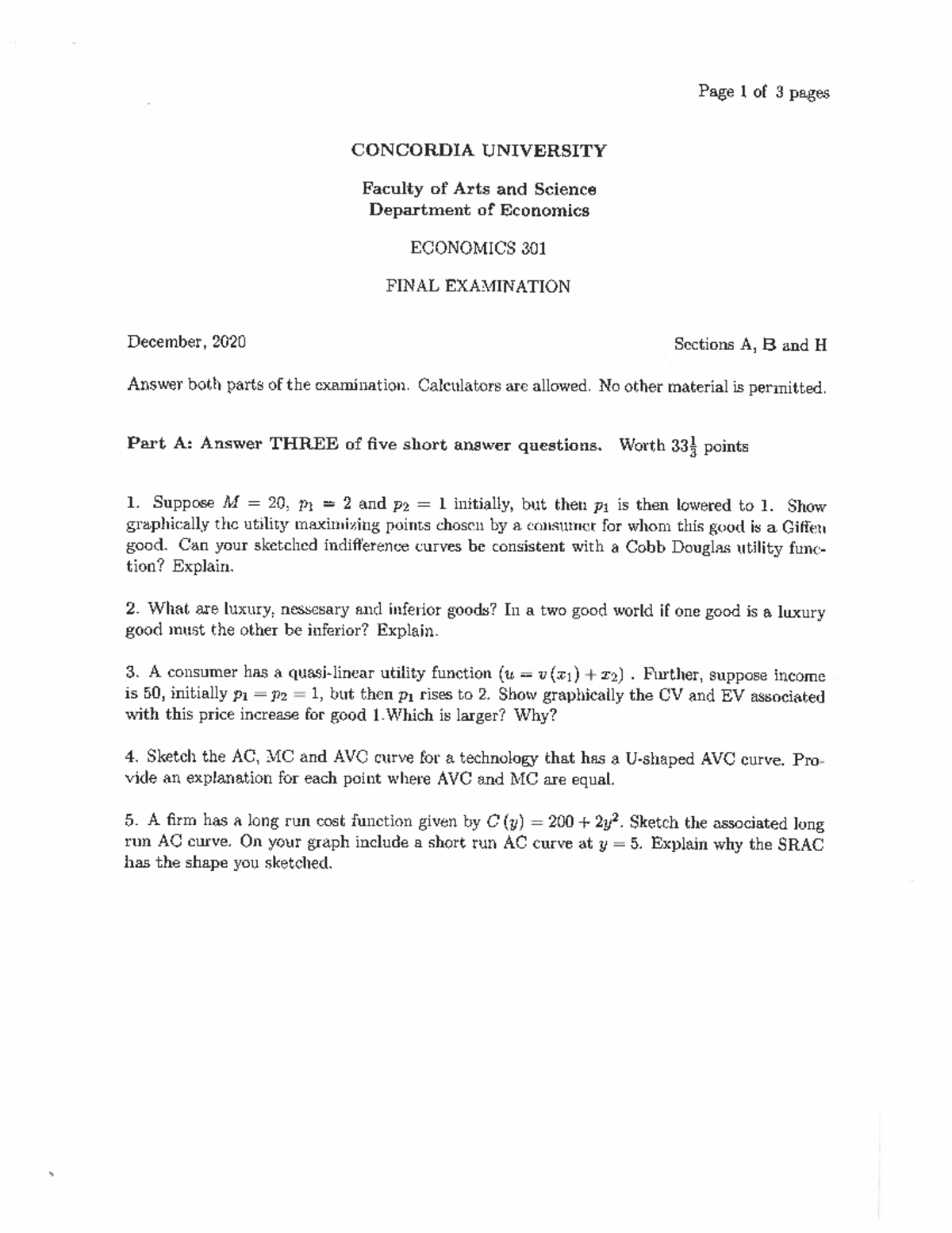 Econ 301 final exam Fall2020 section - ECON 301 - Concordia - Studocu
