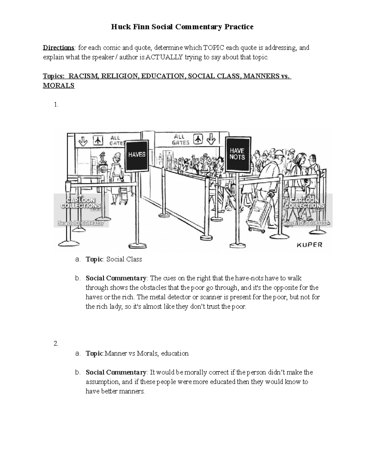 Cameron O'Malley - Huck Finn Social Commentary Practice - Huck Finn ...