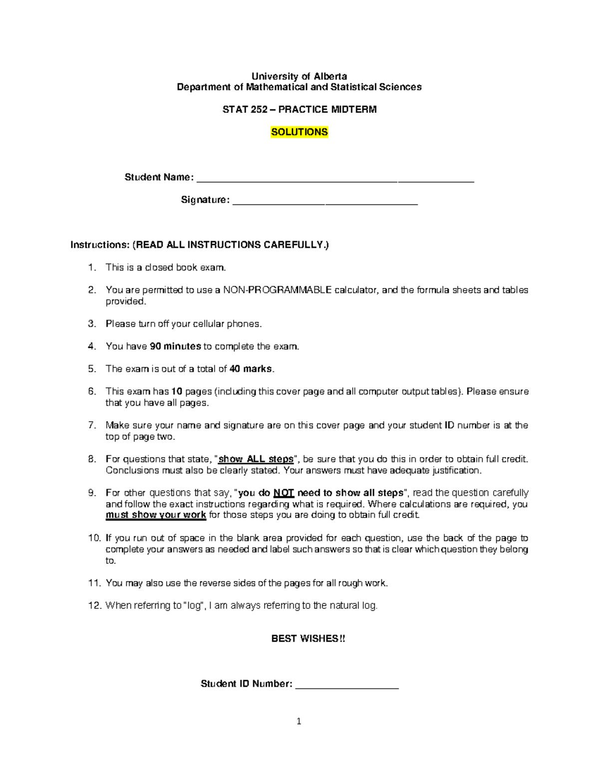 Stat 252-Practice Midterm-Solutions - University of Alberta Department of Mathematical and - Studocu