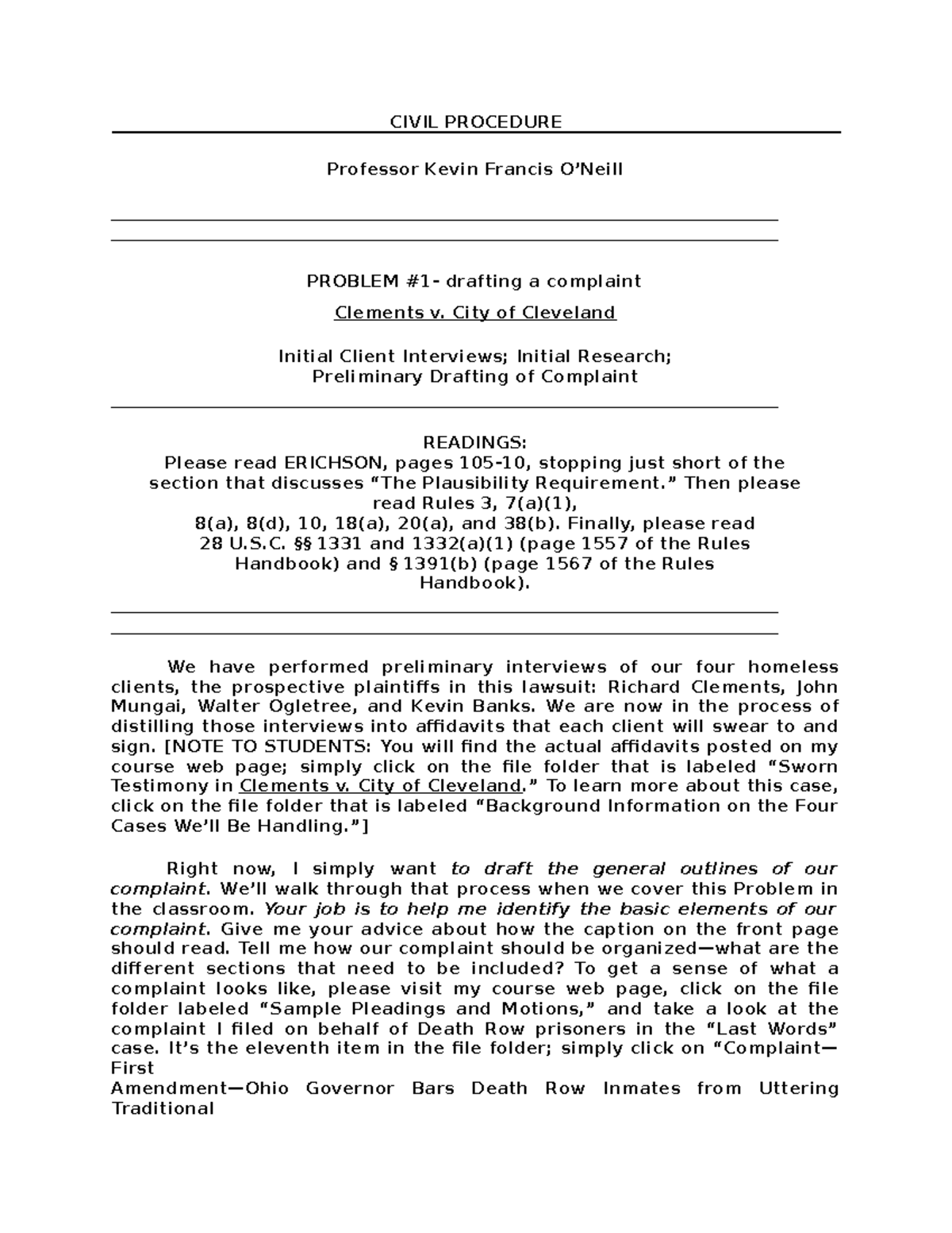 Civ Pro Problems 1-45 - problem set - CIVIL PROCEDURE Professor Kevin ...