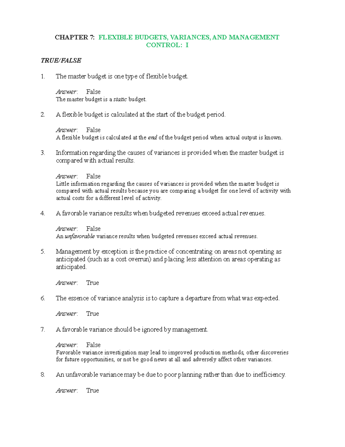 Ch07 Flexible Budget Variance and Management Control Test - CHAPTER 7 ...