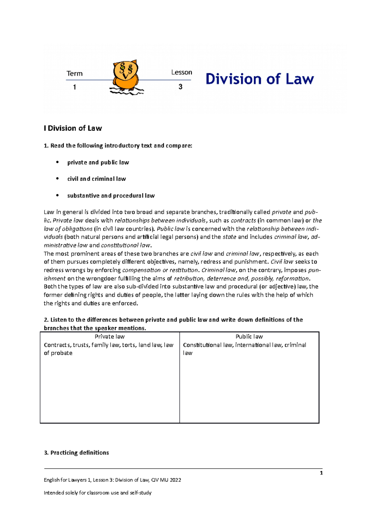 Lesson 03 Division of Law - I Division of Law Read the following ...