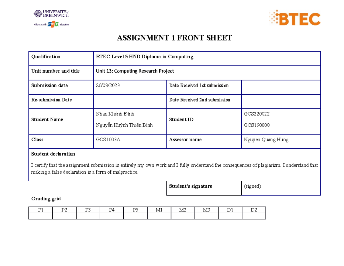 Unit 13.Assignment 1 frontsheet (2022-2023) - ASSIGNMENT 1 FRONT SHEET Qualification BTEC Level ...