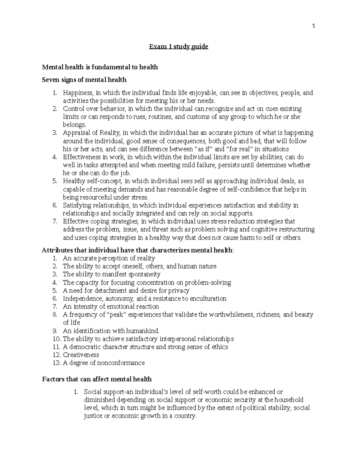 243 exam 1 study guide - Exam 1 study guide Mental health is ...