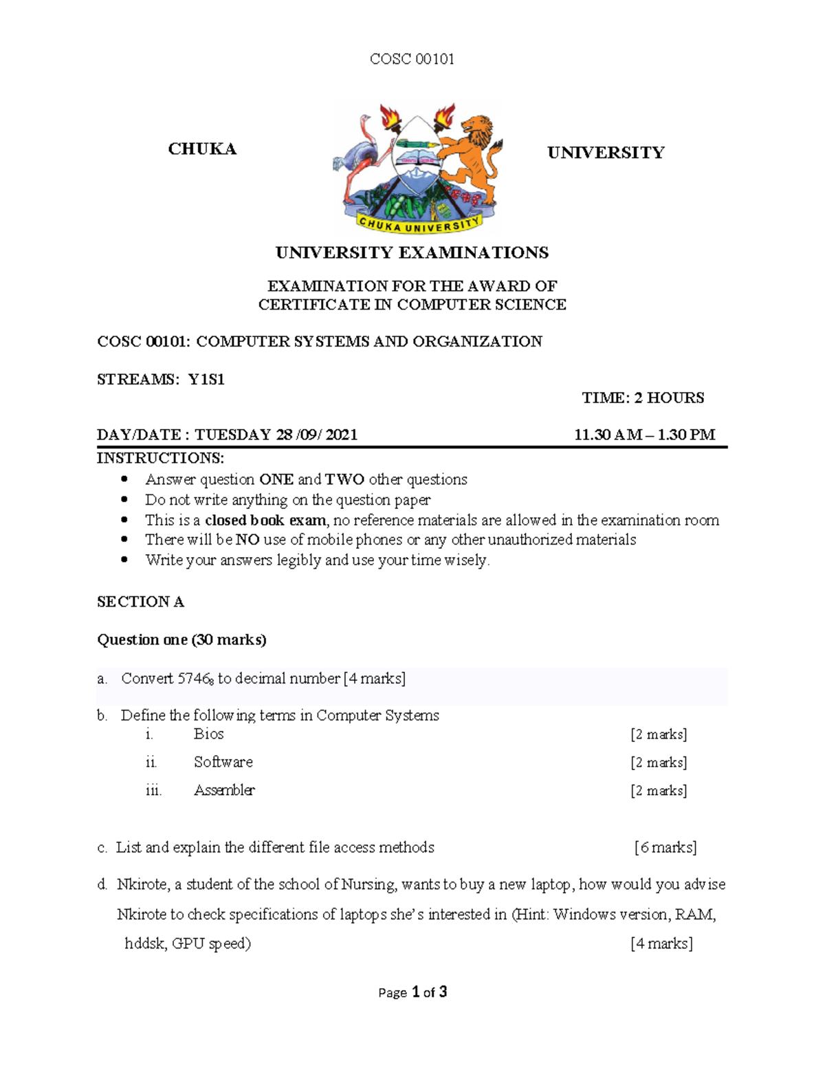 COSC 00101 - Computer science exams - COSC 00101 CHUKA UNIVERSITY ...