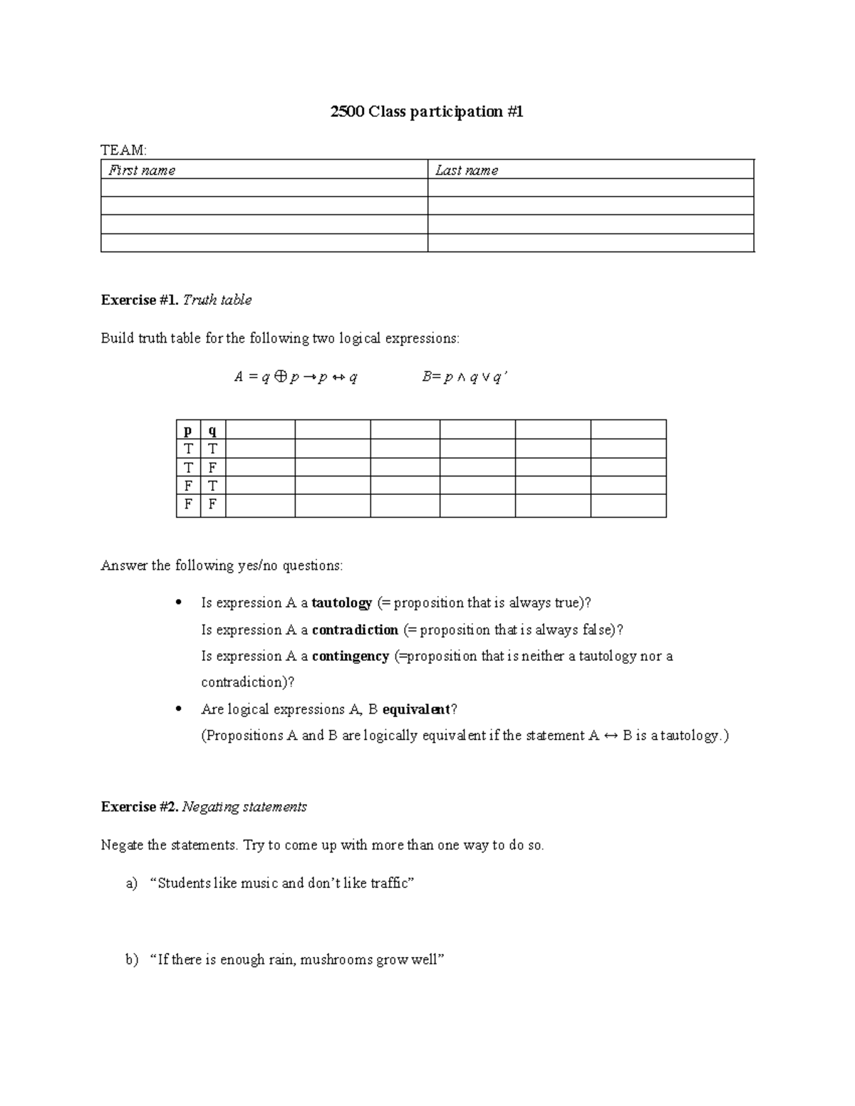 Class participation #1 - 2500 - 2500 Class participation TEAM: First ...