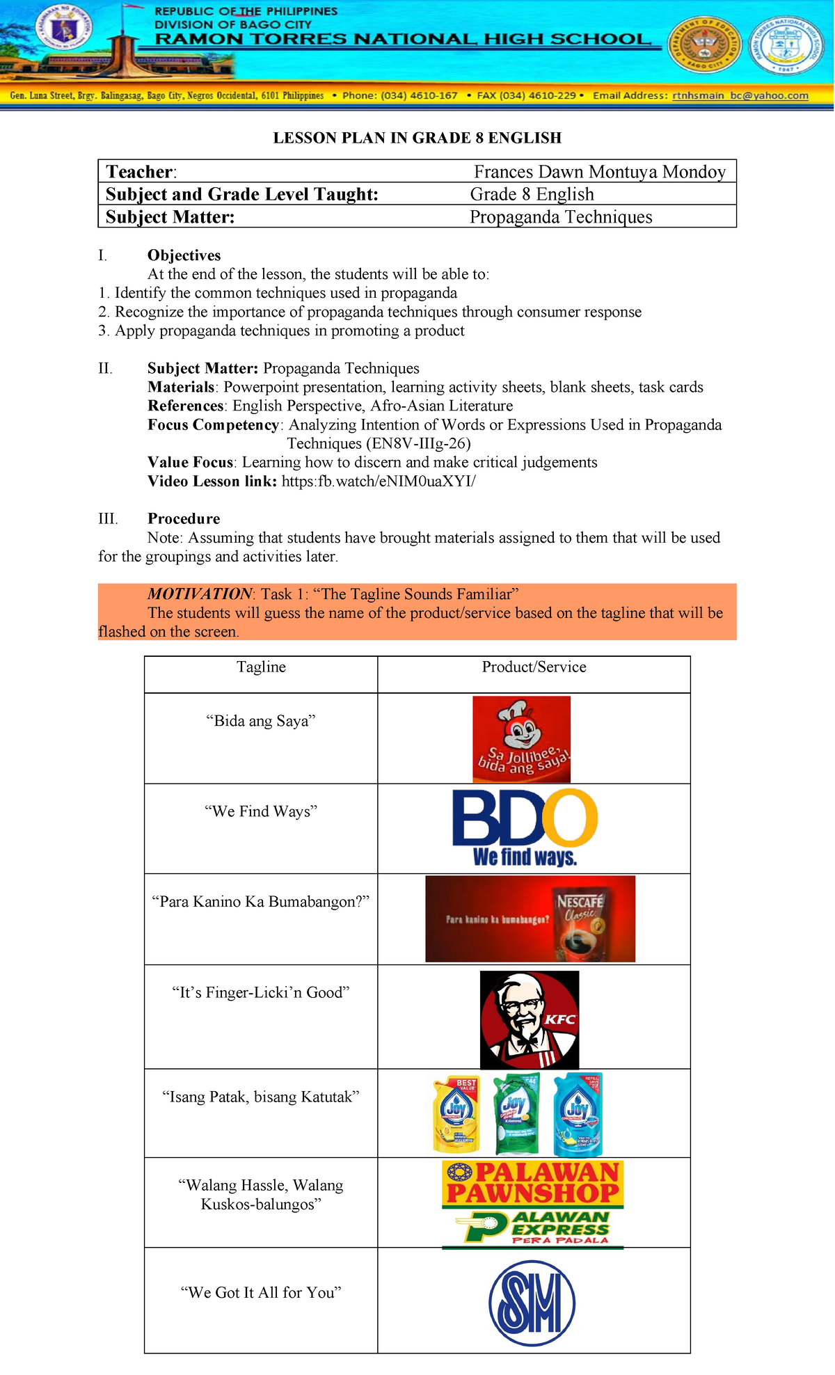 Q3 Propaganda - LESSON PLAN IN GRADE 8 ENGLISH Teacher: Frances Dawn ...