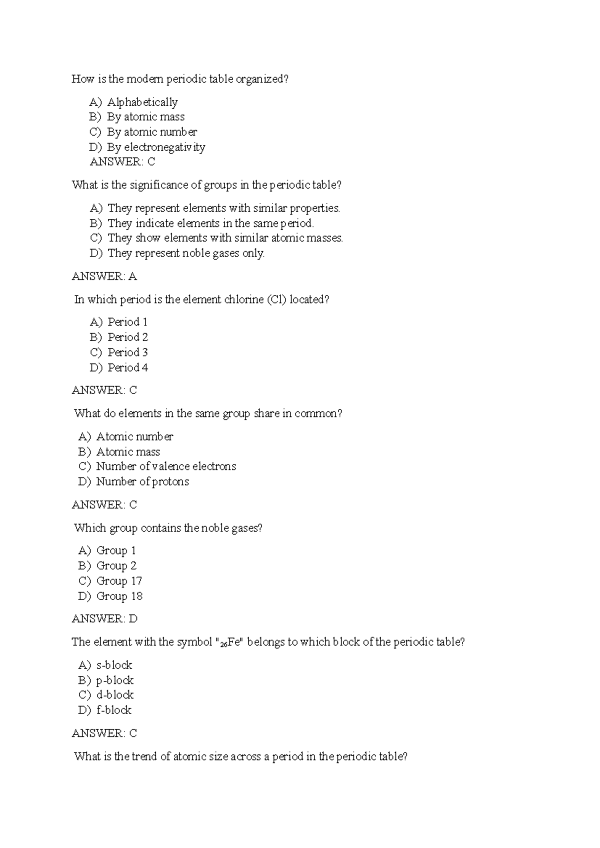 CQM 5 - qcm about structure of matter - How is the modern periodic ...