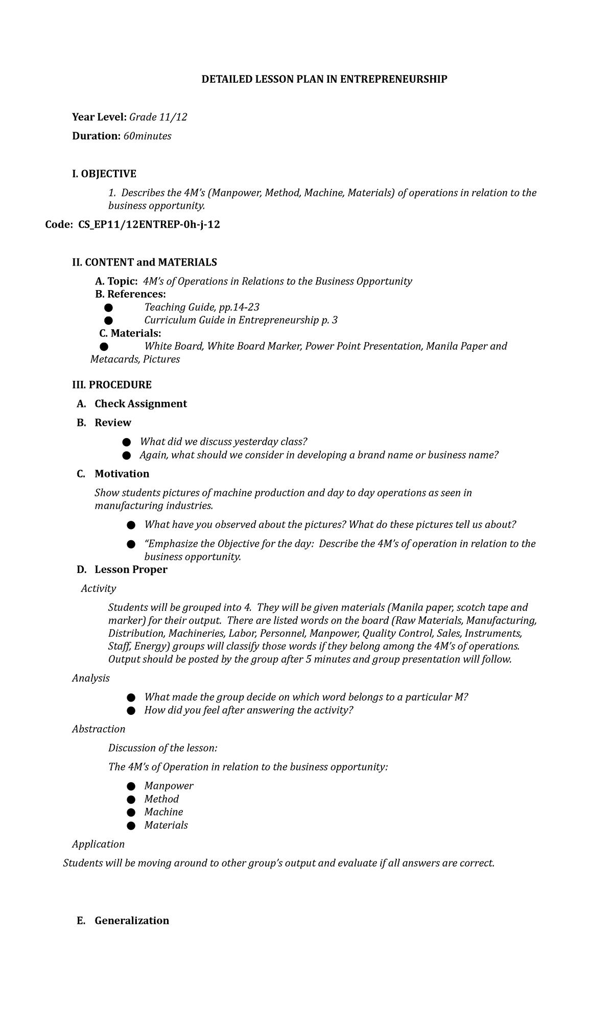 CS EP11-12 Entrep-0h-j-12-st - DETAILED LESSON PLAN IN ENTREPRENEURSHIP ...