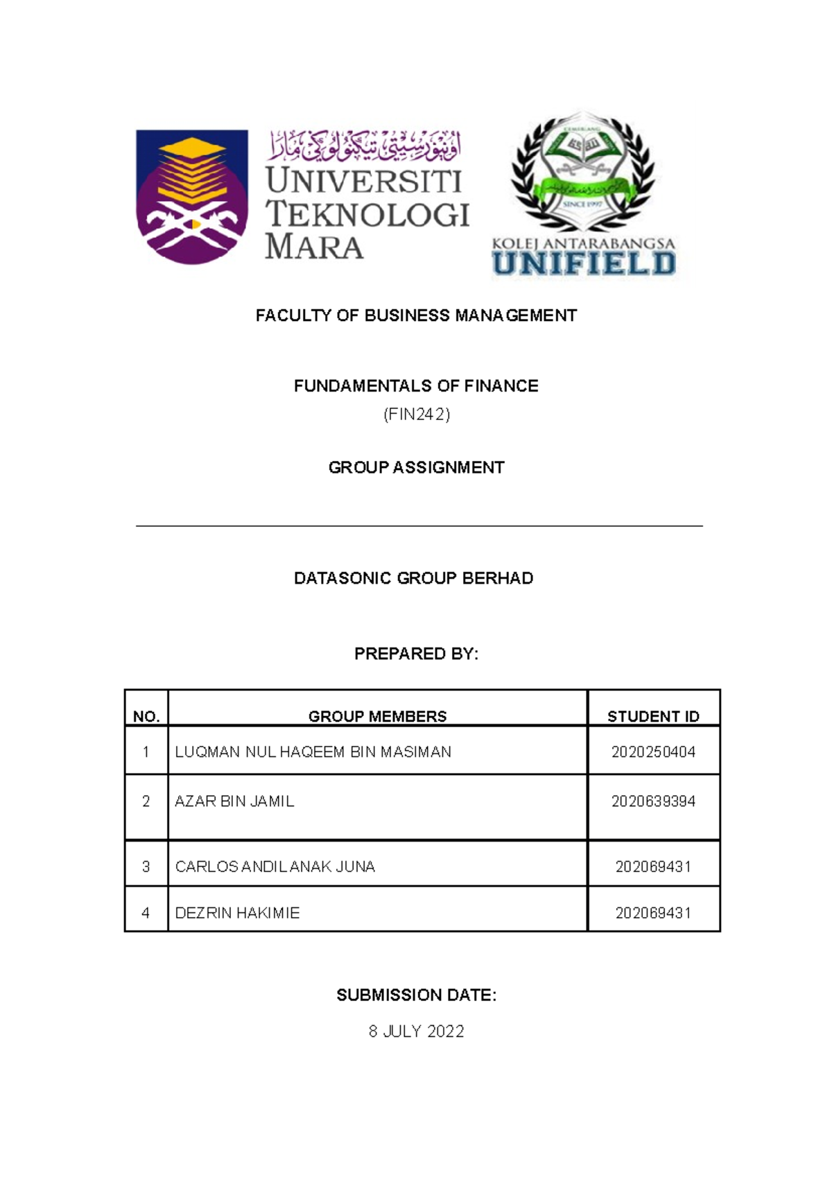 Fin242 - assignment - FACULTY OF BUSINESS MANAGEMENT FUNDAMENTALS OF ...