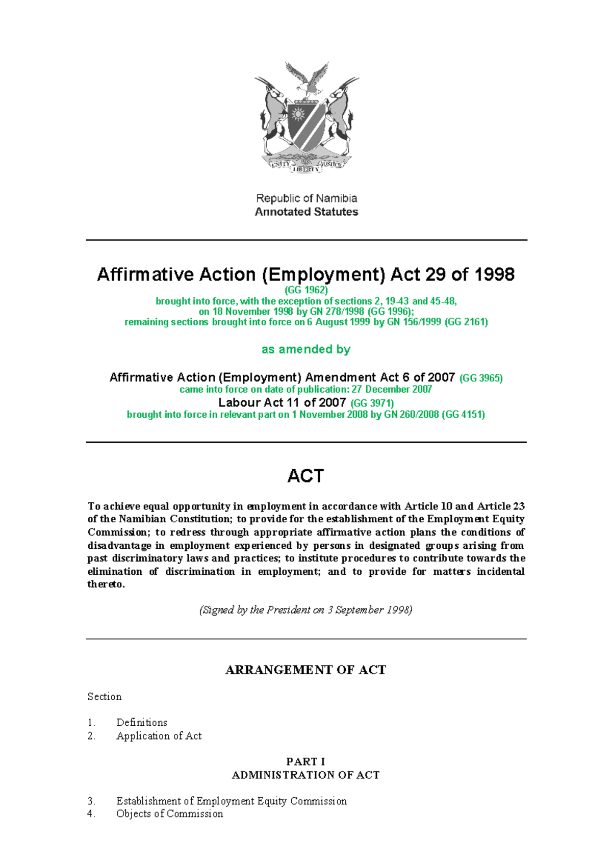 Affirmative Action (Employment) Act 29 of 1998 - (Signed by the ...