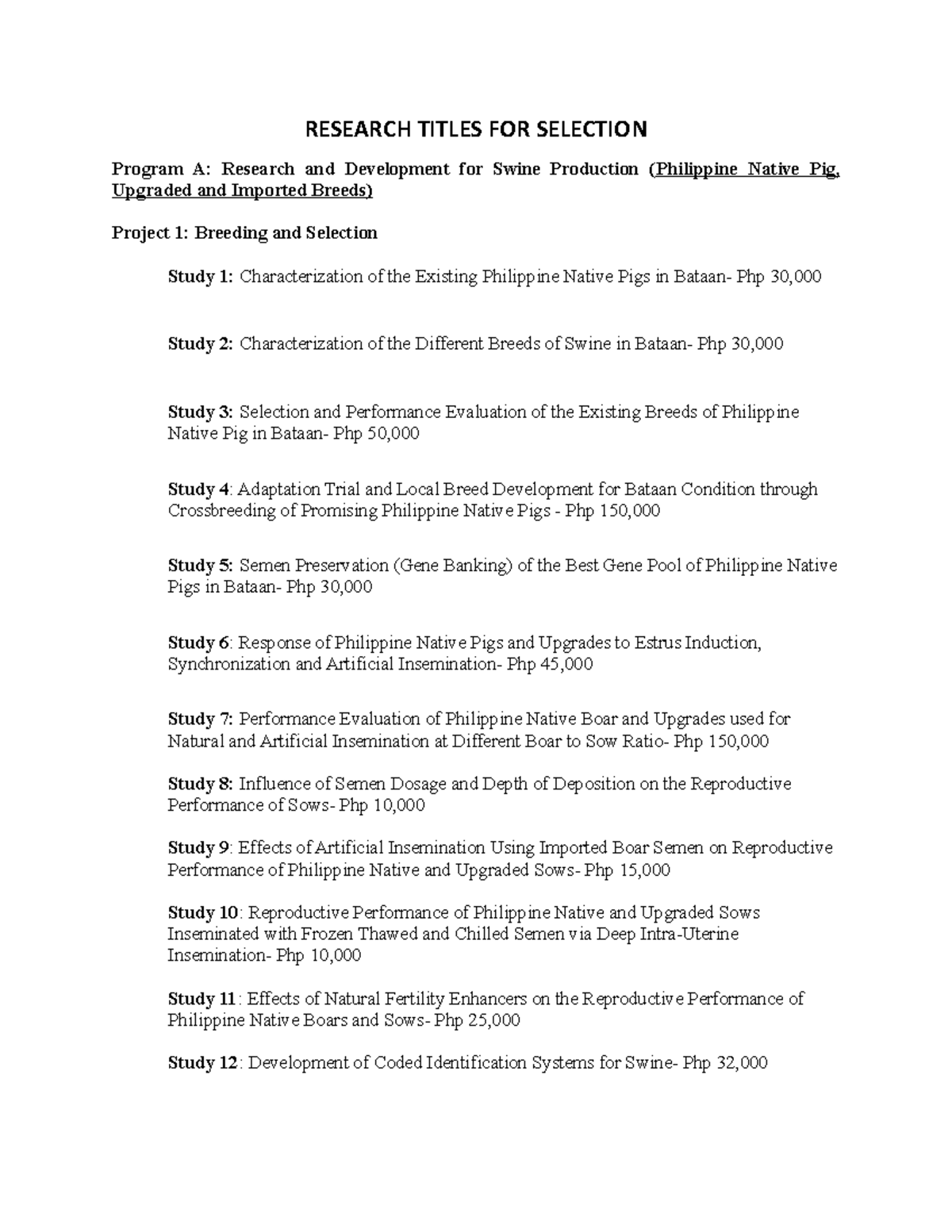 Research Titles FOR Selection - RESEARCH TITLES FOR SELECTION Program A ...