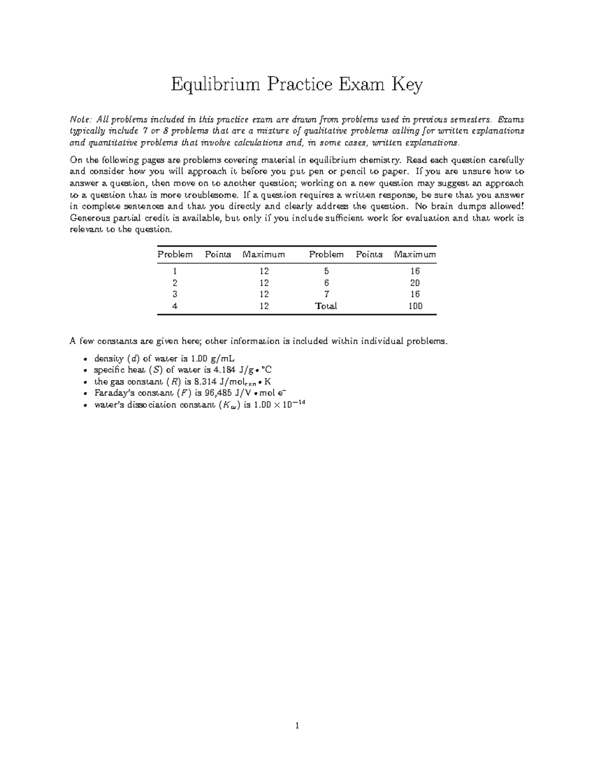 Practice Equil Exam Key - Equlibrium Practice Exam Key Note: All ...