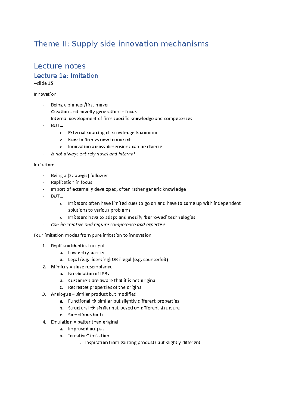 Summary of Lectures and Papers - Theme 2 - Theme II: Supply side ...