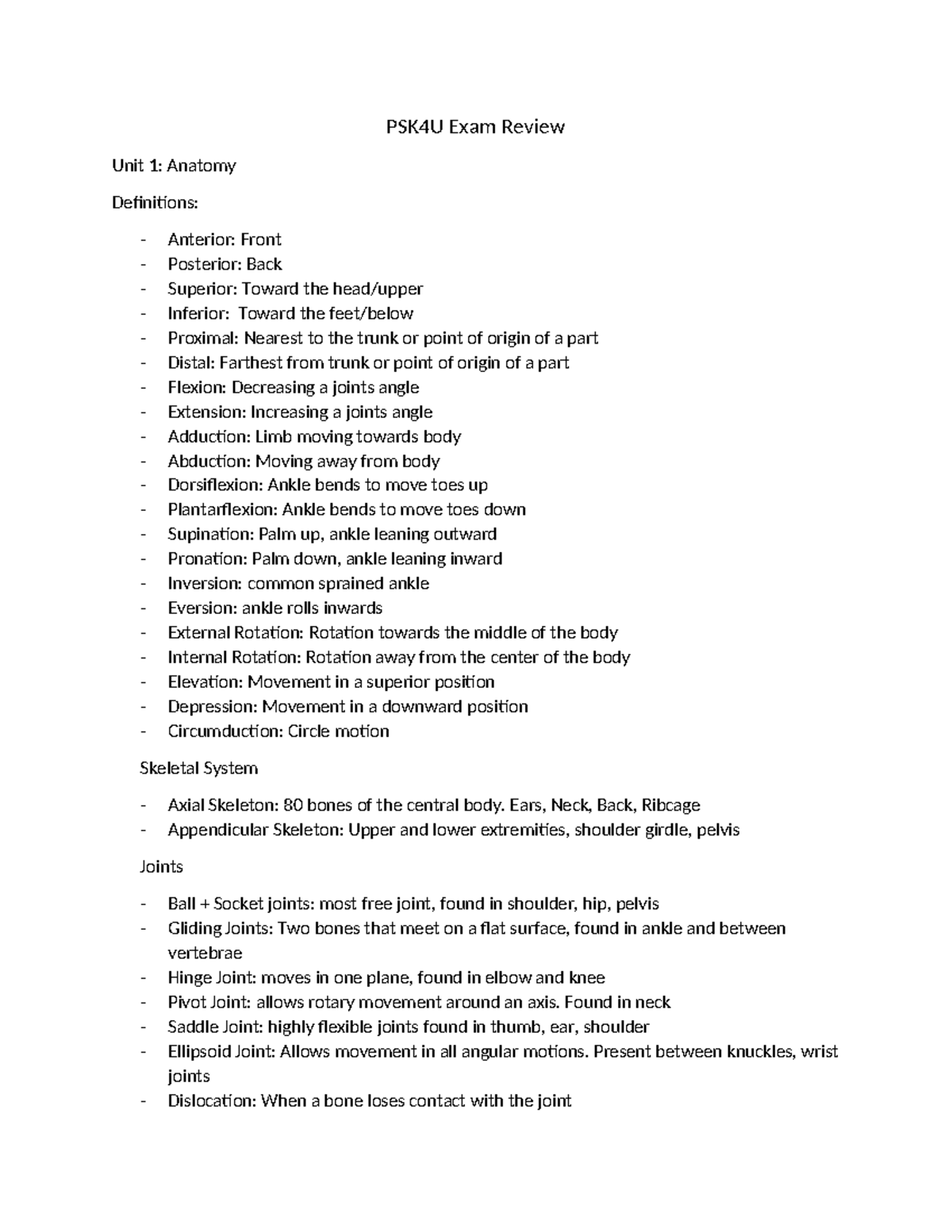 Kin exam review - PSK4U Exam Review Unit 1: Anatomy Definitions ...