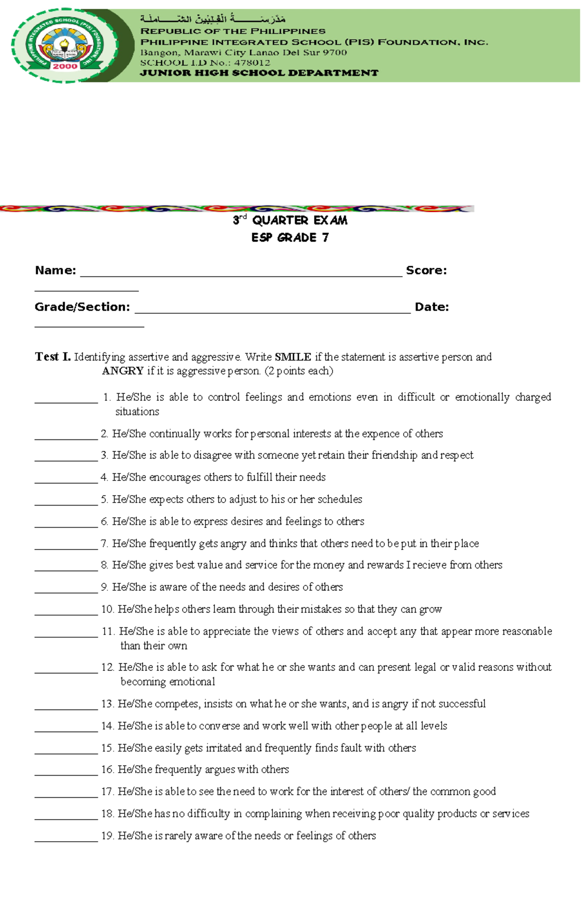 ESP7 3rd Quarter EXAM - ESP - 3 rd QUARTER EXAM ESP GRADE 7 Name: - Studocu
