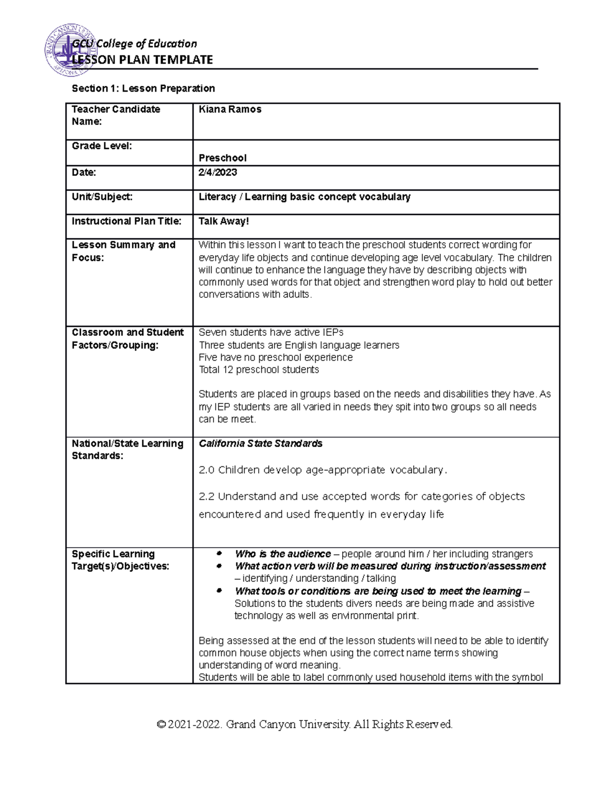 Benchmark lesson plan - LESSON PLAN TEMPLATE Section 1: Lesson ...