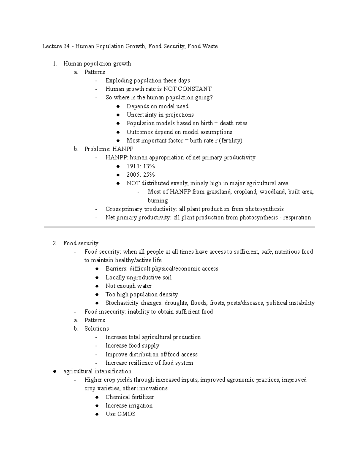 Lecture 24 - Human Population Growth, Food Security, Food Waste ...