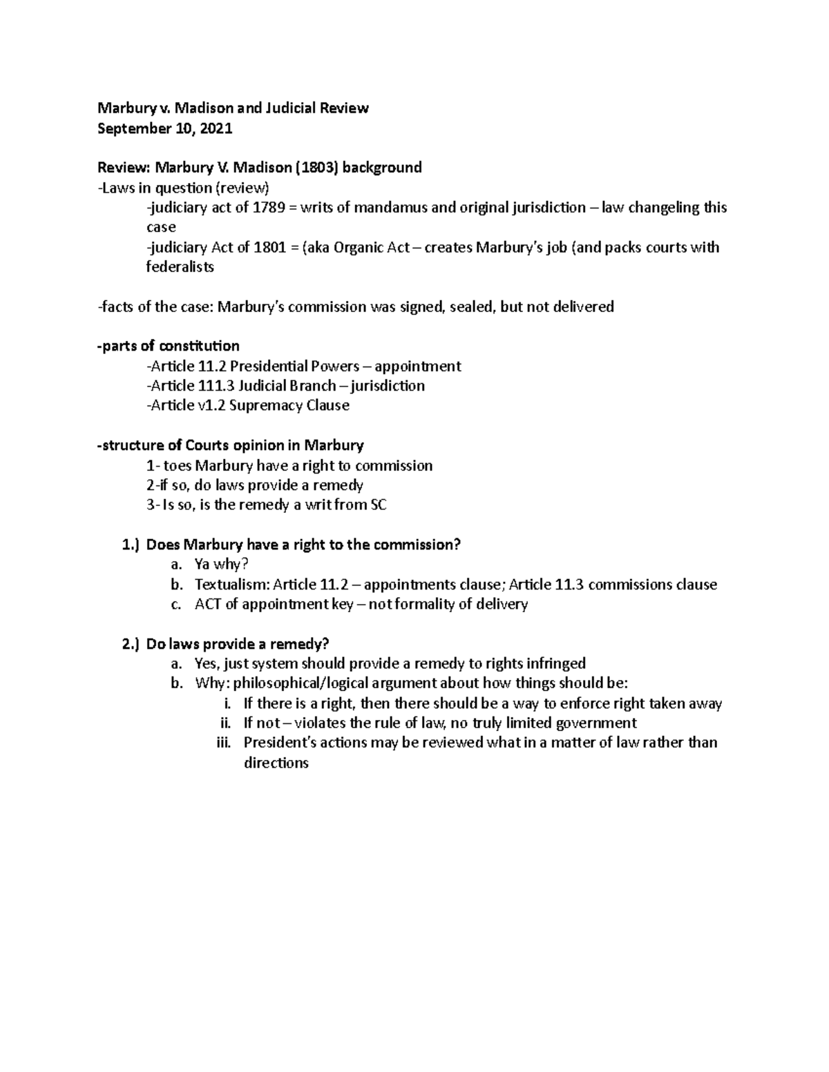9-10-21 lecture notes - Marbury v. Madison and Judicial Review ...