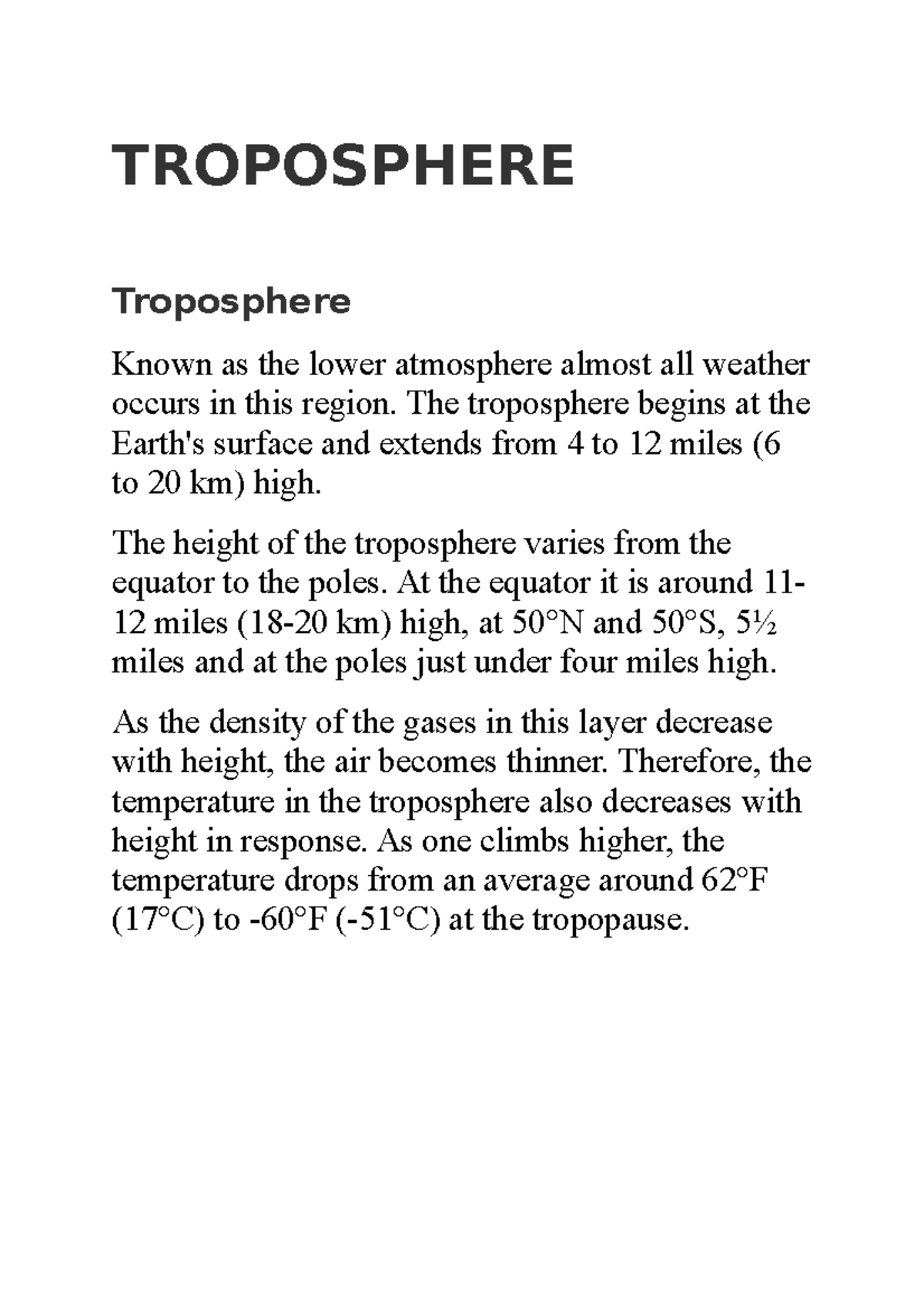 Troposphere NOTE - TROPOSPHERE Troposphere Known as the lower ...