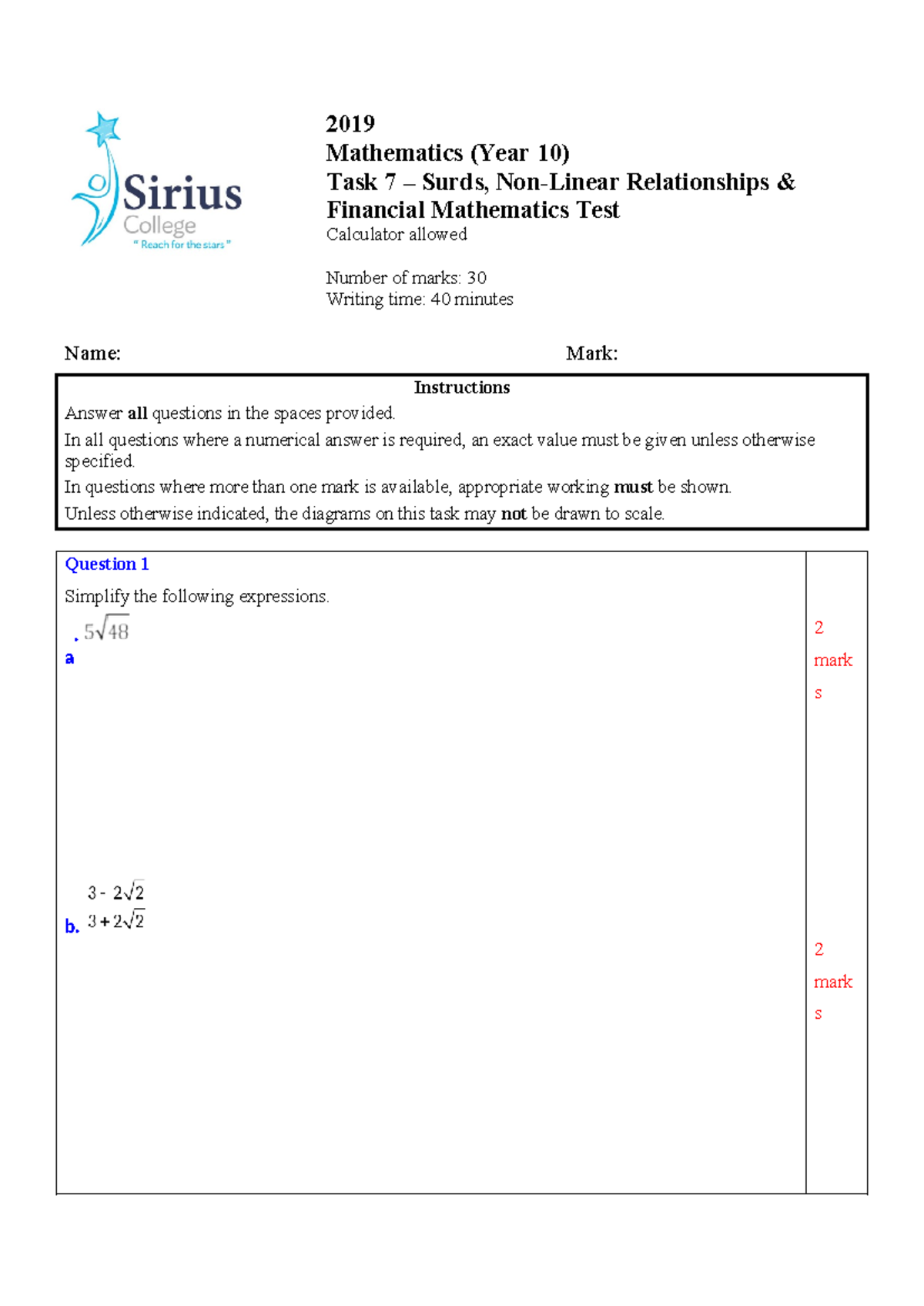 2019 Term 3 Standard Year 10 Test - 2019 Mathematics (Year 10) Task 7 ...