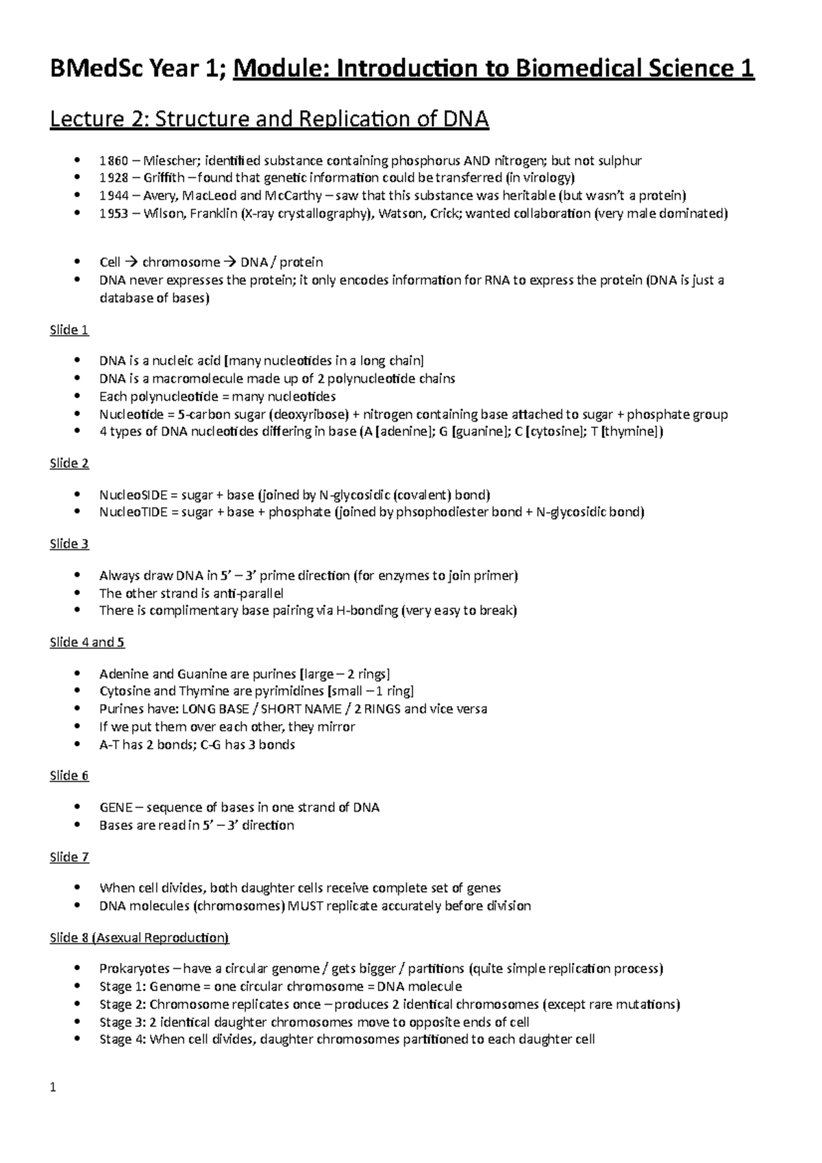 Structure And Replication Of Dna Lecture Notes Lecture 2 Bmedsc Year Module Introduction