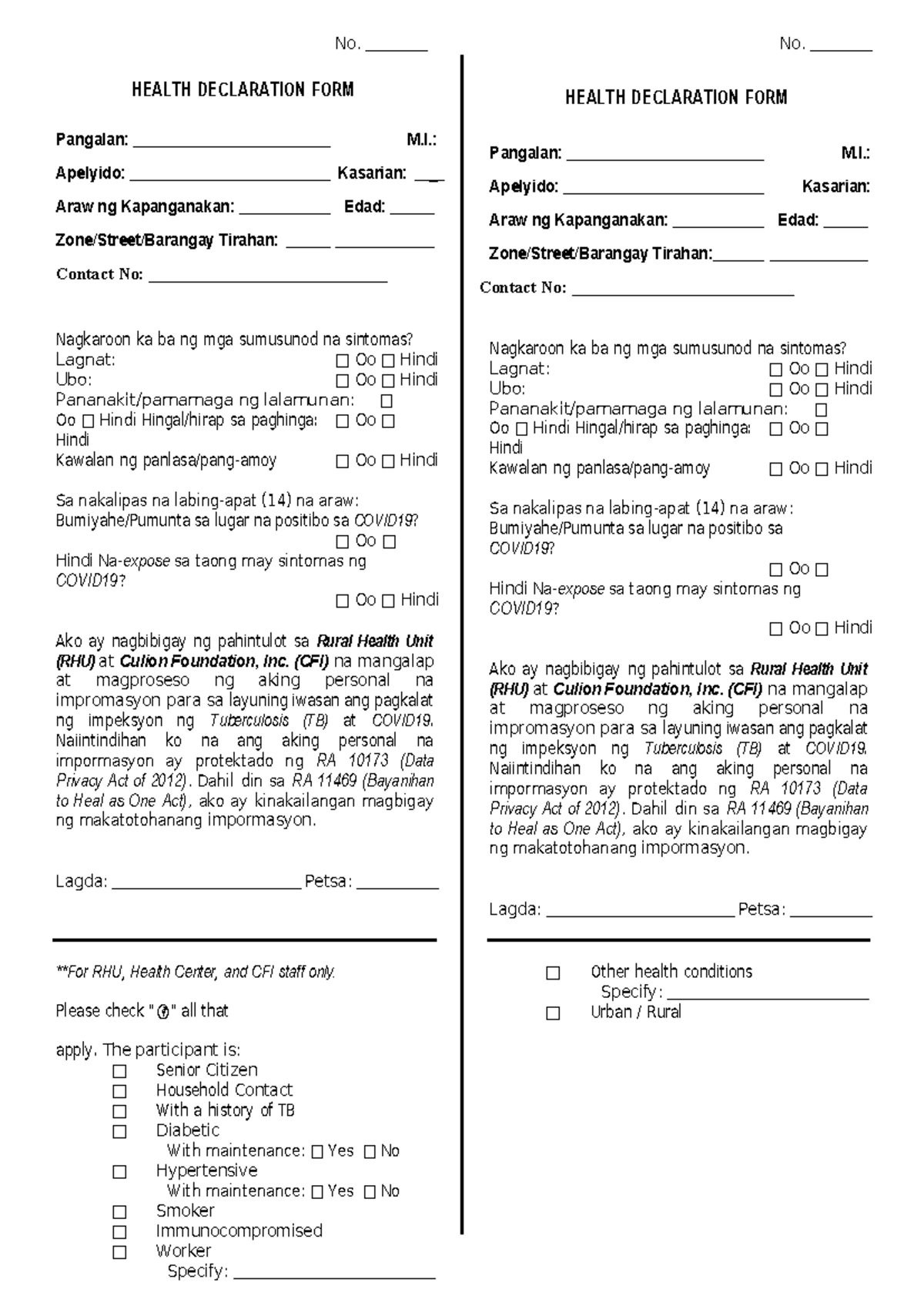 ACF-Health-Declaration-Form - No. No. HEALTH DECLARATION FORM Pangalan: M.: Apelyido: Kasarian ...