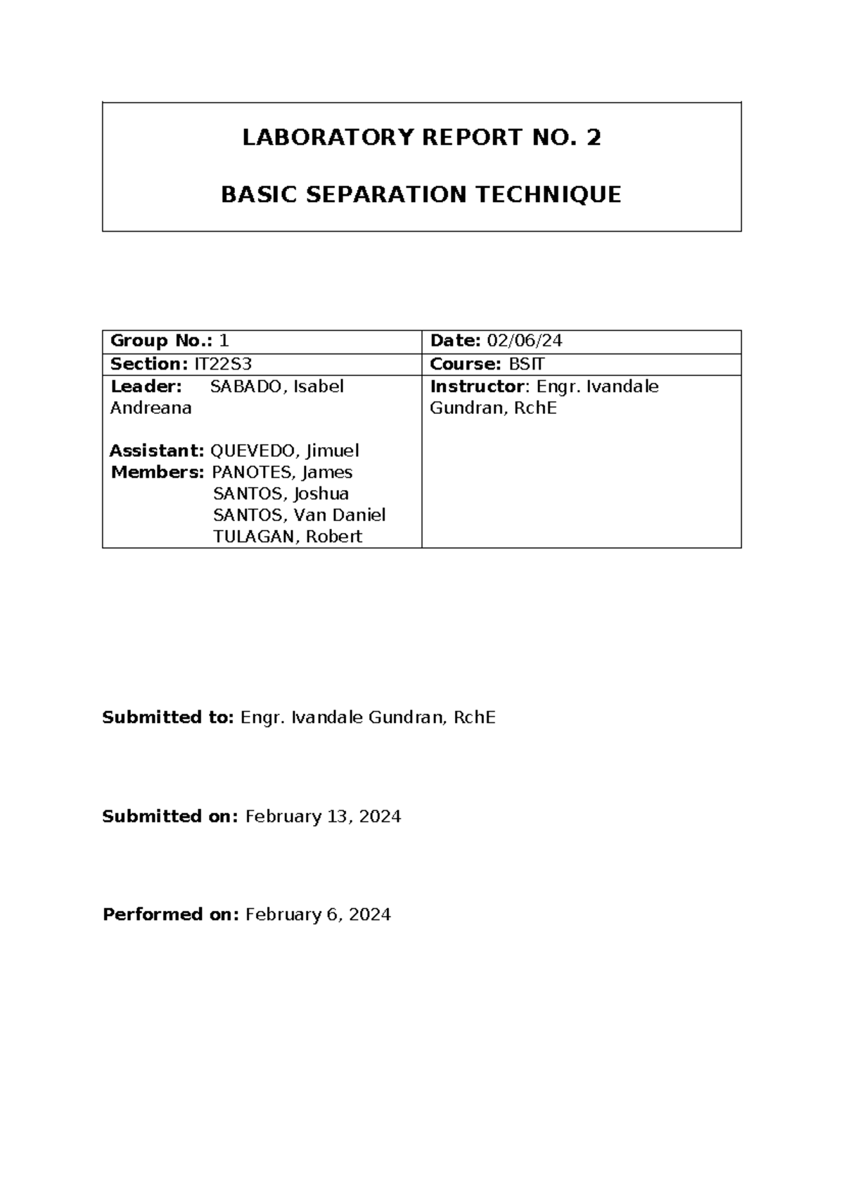 Laboratory Report NO. 2 - Basic Separation Technique - LABORATORY ...