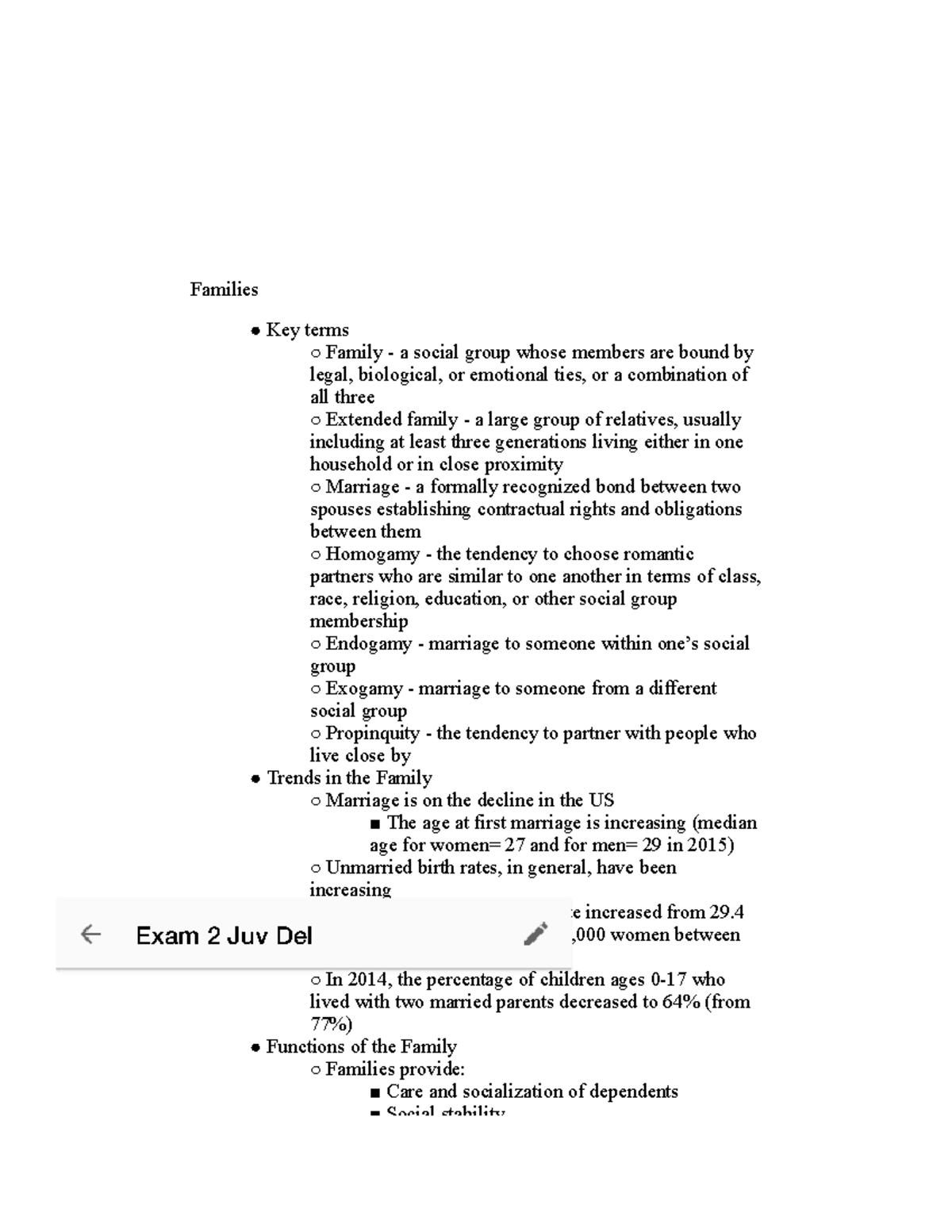 Soc 3920 Exam 2 - Families Key terms Family - a social group whose ...