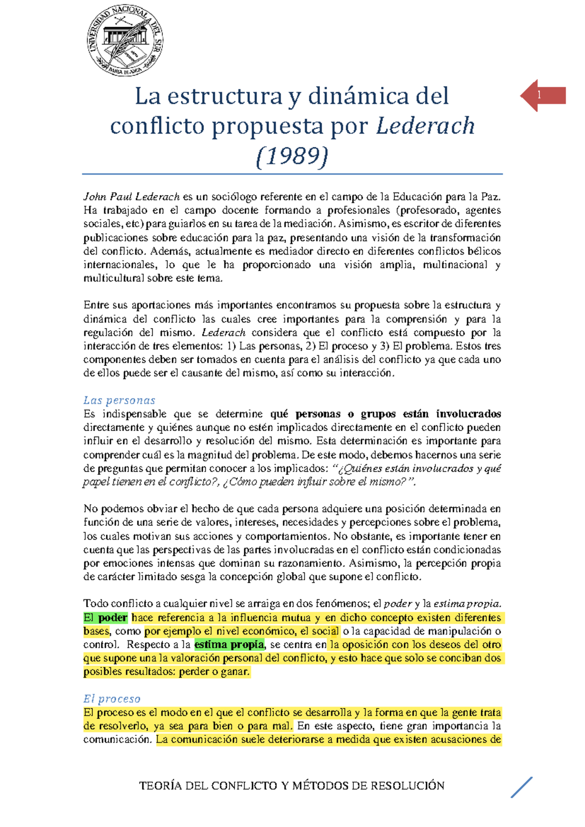 Lederach estructura y dinámica del conflicto ( Resumido) - 1 La ...