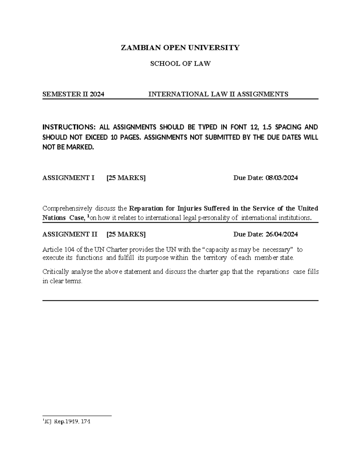 International II - Assignment - ZAMBIAN OPEN UNIVERSITY SCHOOL OF LAW ...