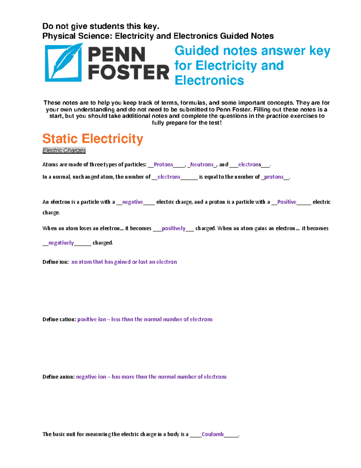 Course guide physical science NGSS guided notes KEY 05 - Do not give ...