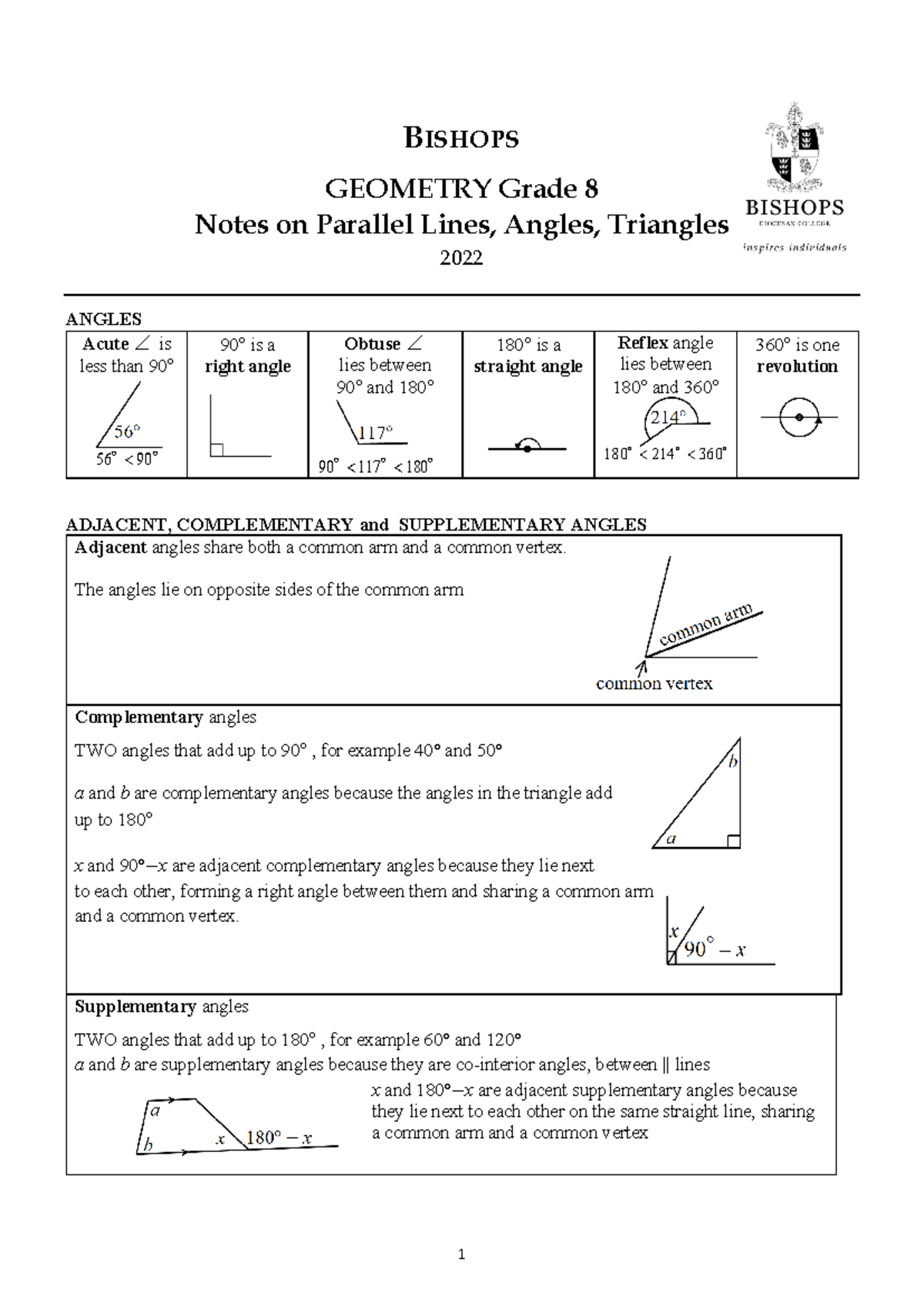 G8 Booklet Geometry Lines Angles Triangles Revised-SMCP-2022 - BISHOPS ...