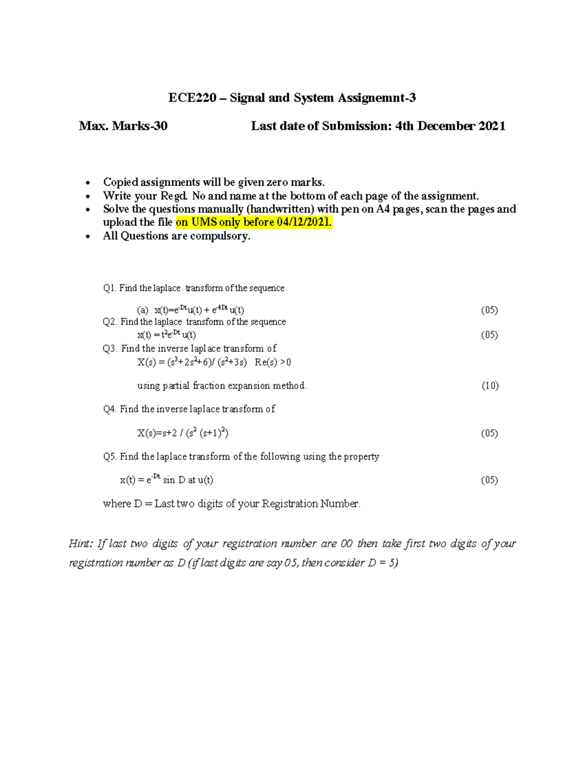 important assingment questions - ECE220 – Signal and System Assignemnt ...