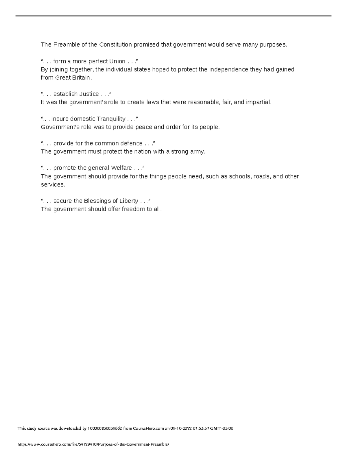 Purpose of the Government Preamble - The Preamble of the Constitution ...