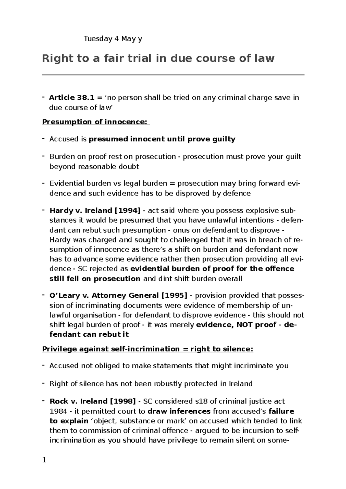 Right to a fair trial in due course of law - Ireland [1994] - act said ...