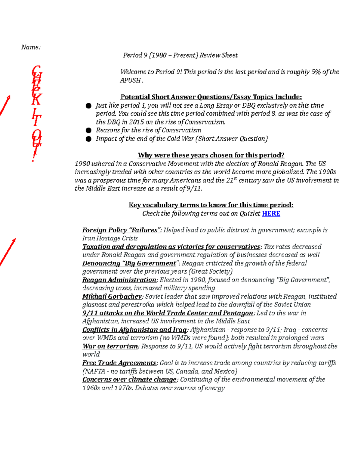 Period 9 1980 – Present Review Sheet - Name: Period 9 (1980 – Present ...