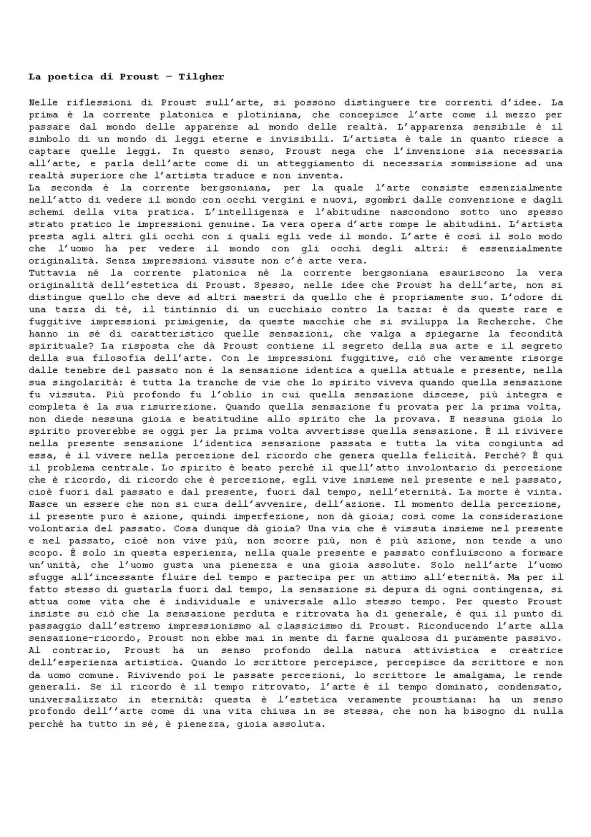 La poetica di Proust - Tilgher - La poetica di Proust Tilgher Nelle riflessioni di Proust si ...