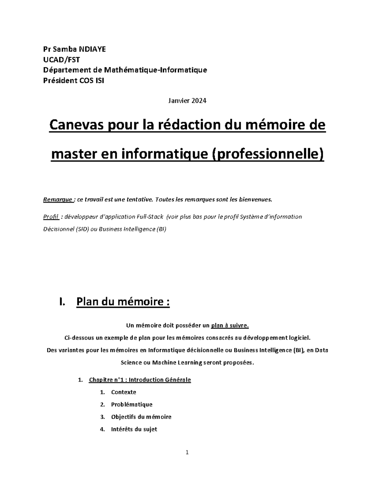 Canevas de rédaction mémoire de master informatique Janvier 2024 OK - Pr Samba NDIAYE UCAD/FST ...