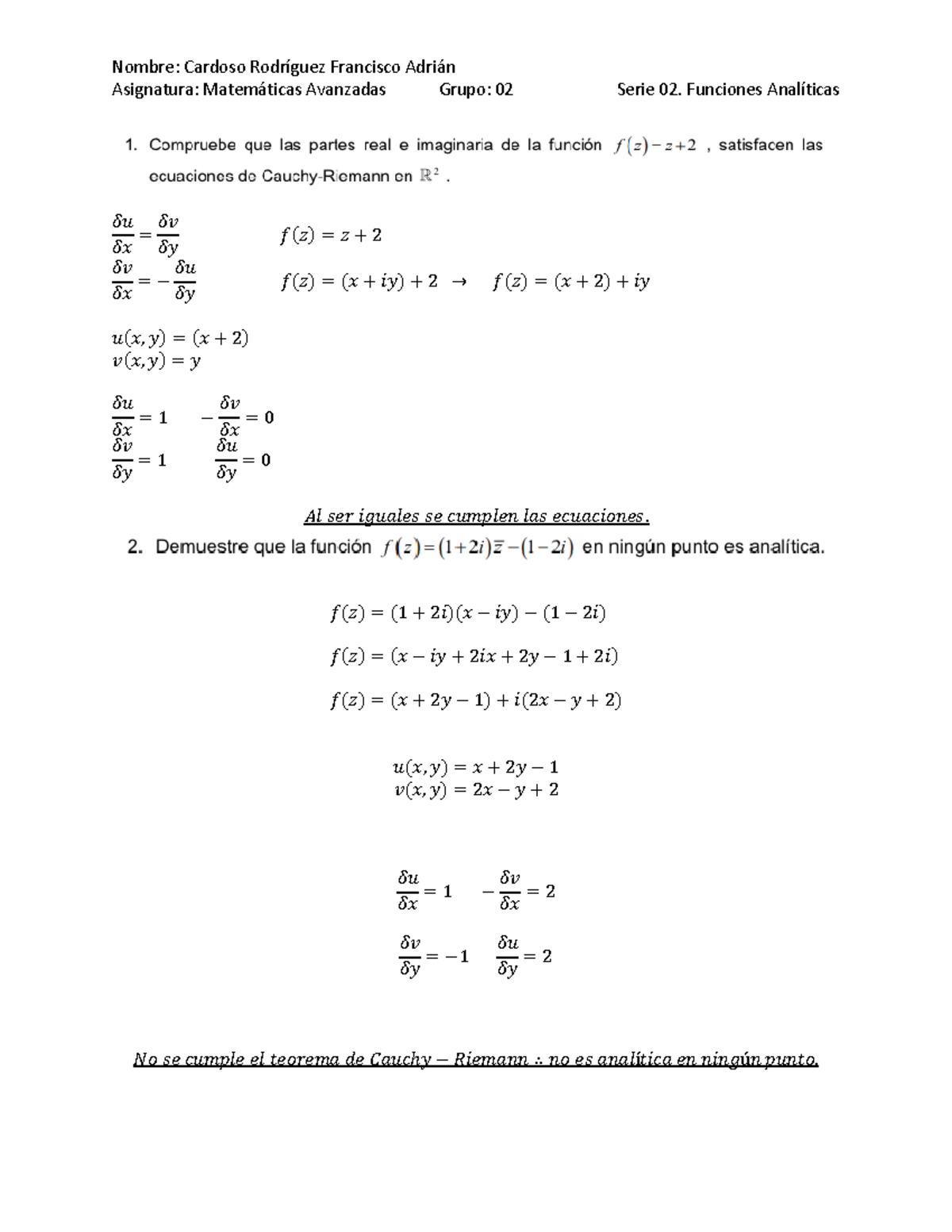 Serie 2 FUNCIONES ANALITICAS Y ARMONICAS DE MATEMATICAS AVANZADAS ...