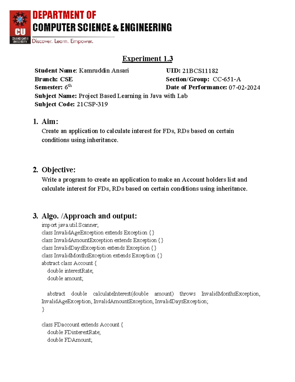Java 1.3 kam - COMPUTER SCIENCE & ENGINEERING Experiment 1. Student Name: Kamruddin Ansari UID ...