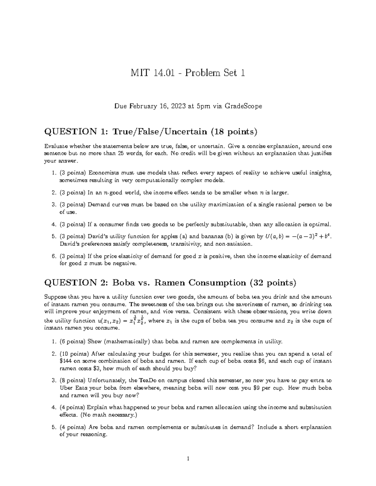 14 01 PSet1 S2023 - pset 1 - MIT 14 - Problem Set 1 Due February 16, 2023 at 5pm via GradeScope ...
