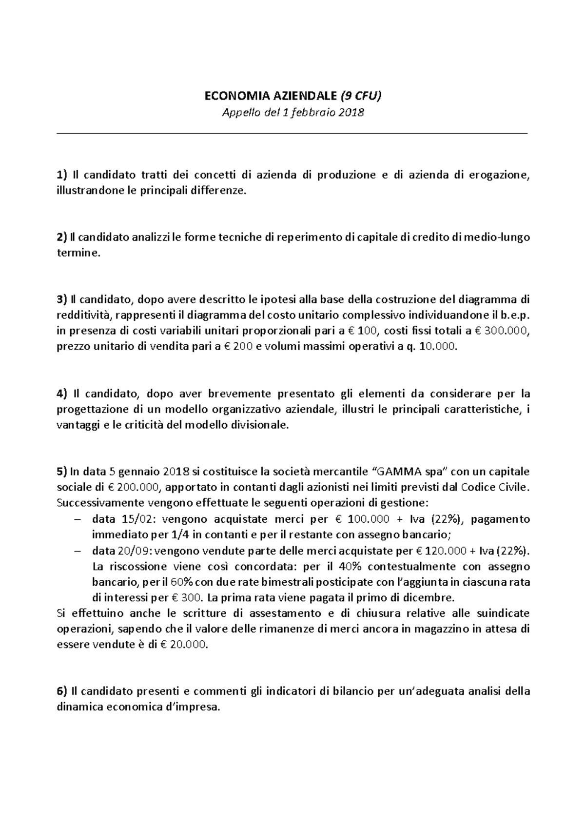Esame Economia Aziendale (2°appello) - Warning: TT: undefined function: 32 ECONOMIA AZIENDALE (9 ...