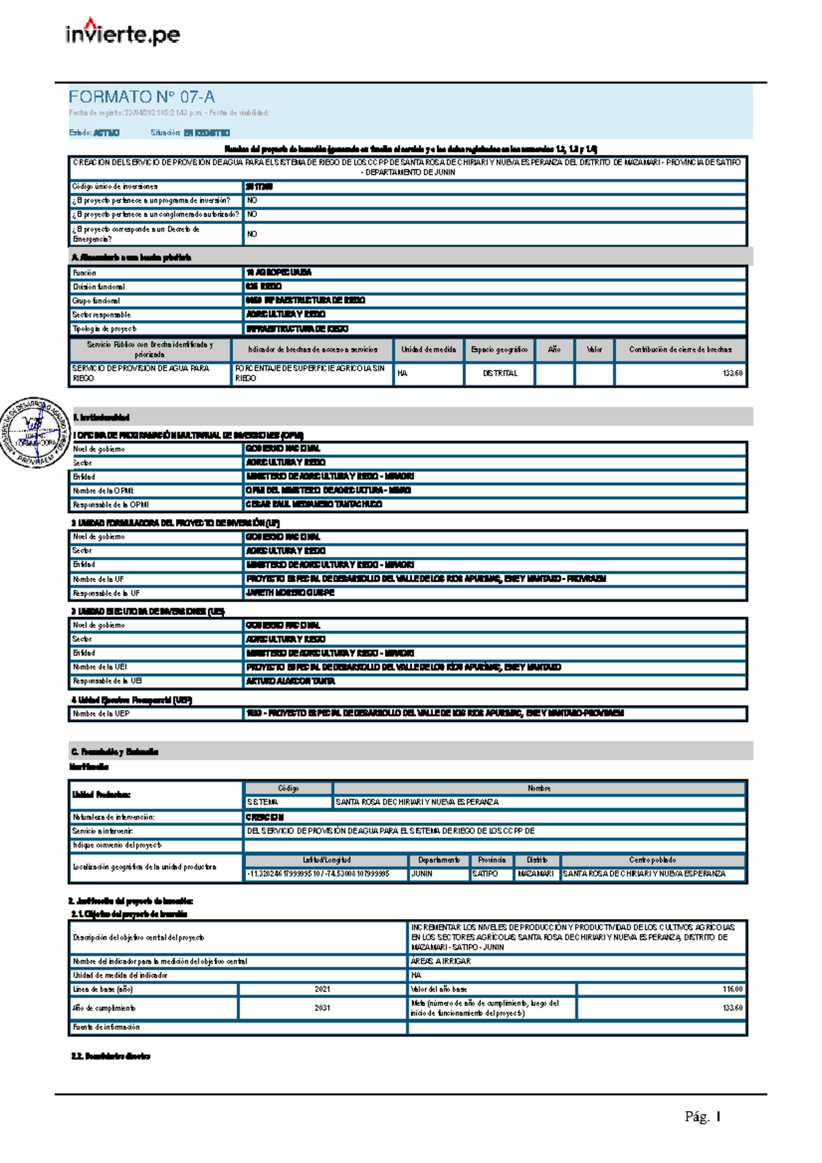 formato de proyectos segun mef - Nombre del proyecto de inversión (generada en función al ...