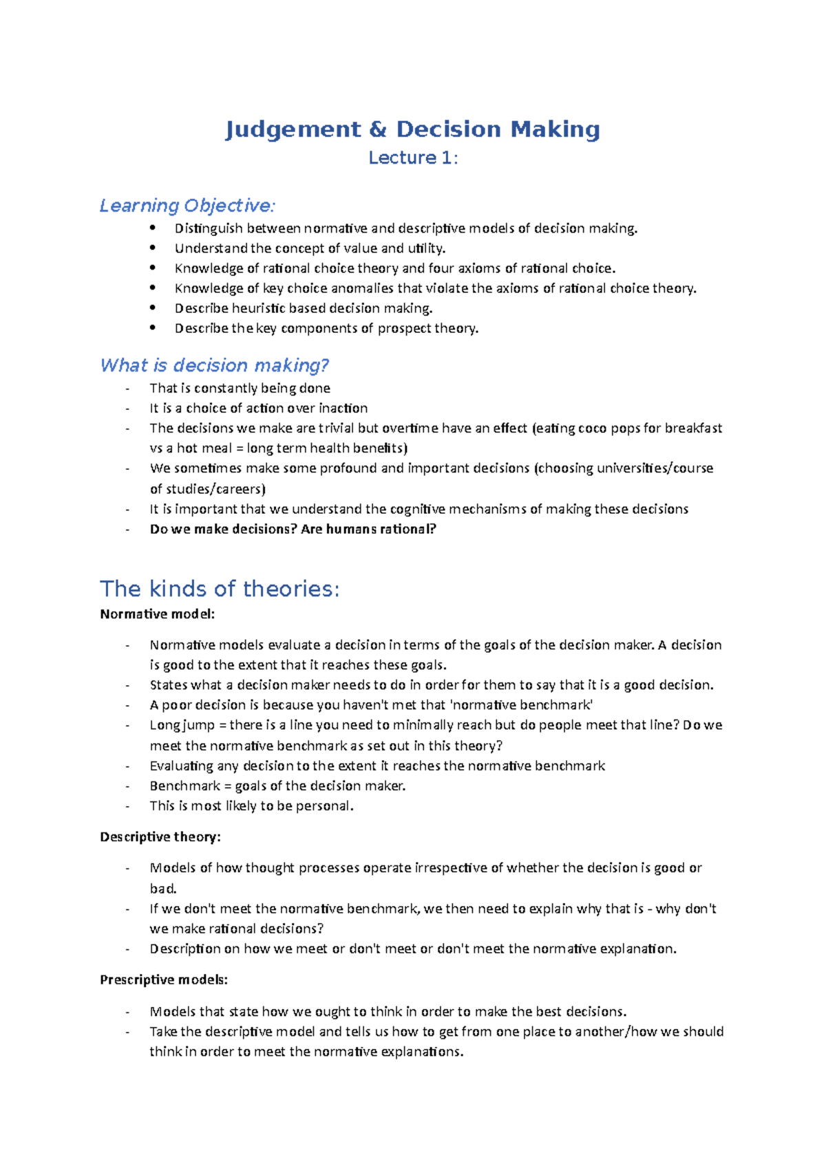 Lecture 1 - Judgement & Decision Making Lecture 1: Learning Objective ...