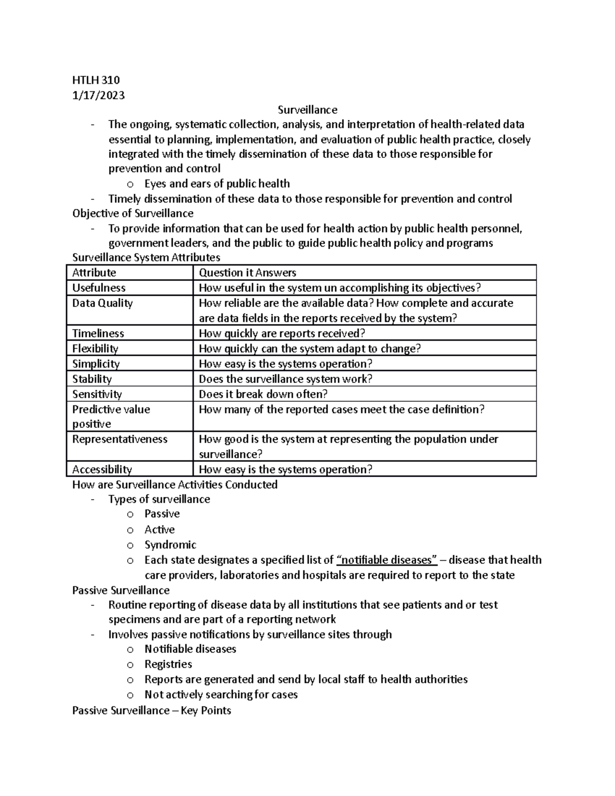 Surveillance - In class notes - HTLH 310 1/17/ Surveillance The ongoing ...
