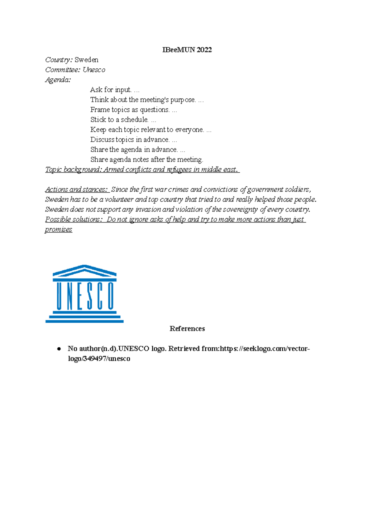 Копия Sample Position Paper - IBeeMUN 2022 Country: Sweden Committee ...